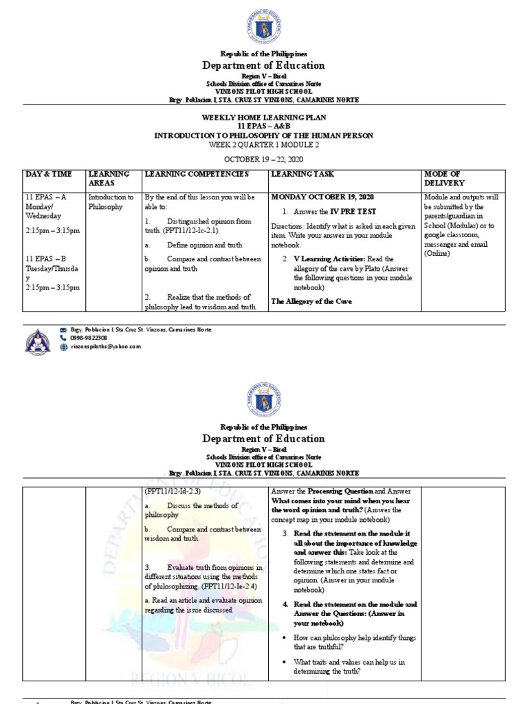 Weekly Home Learning Plan 11 Epas Intro To Philo Module 1 | PDF | Truth ...