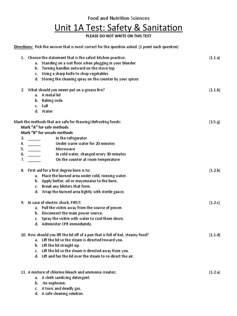 Unit 1A Test: Safety & Sanitation: Food and Nutrition Sciences ...