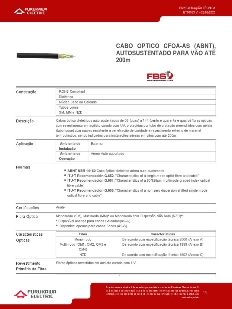 Cabo Optico Cfoa As Abnt Autosustentado para Vao Ate 200m | PDF ...