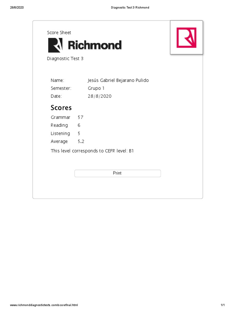 Diagnostic Test 3 Richmond | PDF