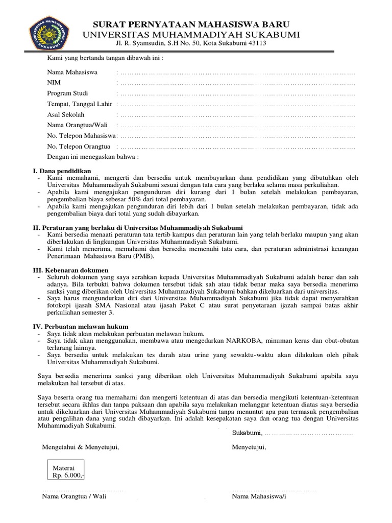 Surat Pernyataan Persetujuan Mhs Baru 2020 | PDF