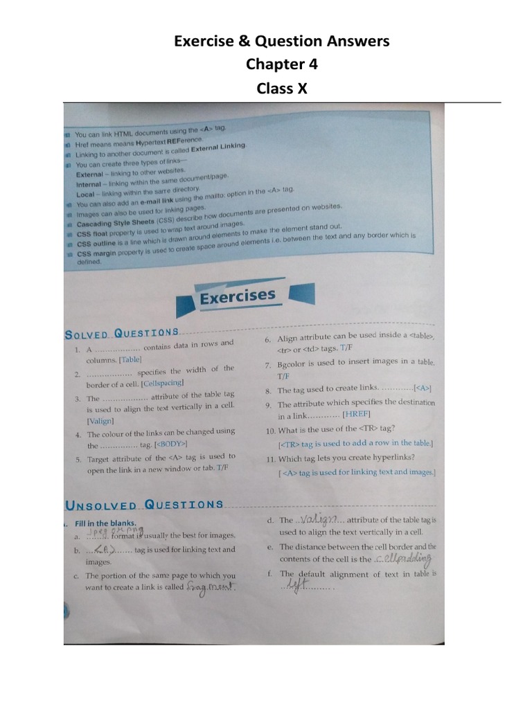 Exercise & Question Answers Class X | PDF | Hyperlink | Html Element