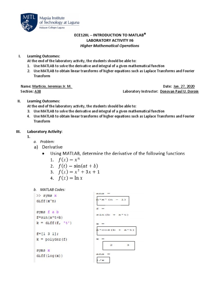 Ece120L - Introduction To Matlab Laboratory Activity #6: Higher Mathematical Operations | PDF ...