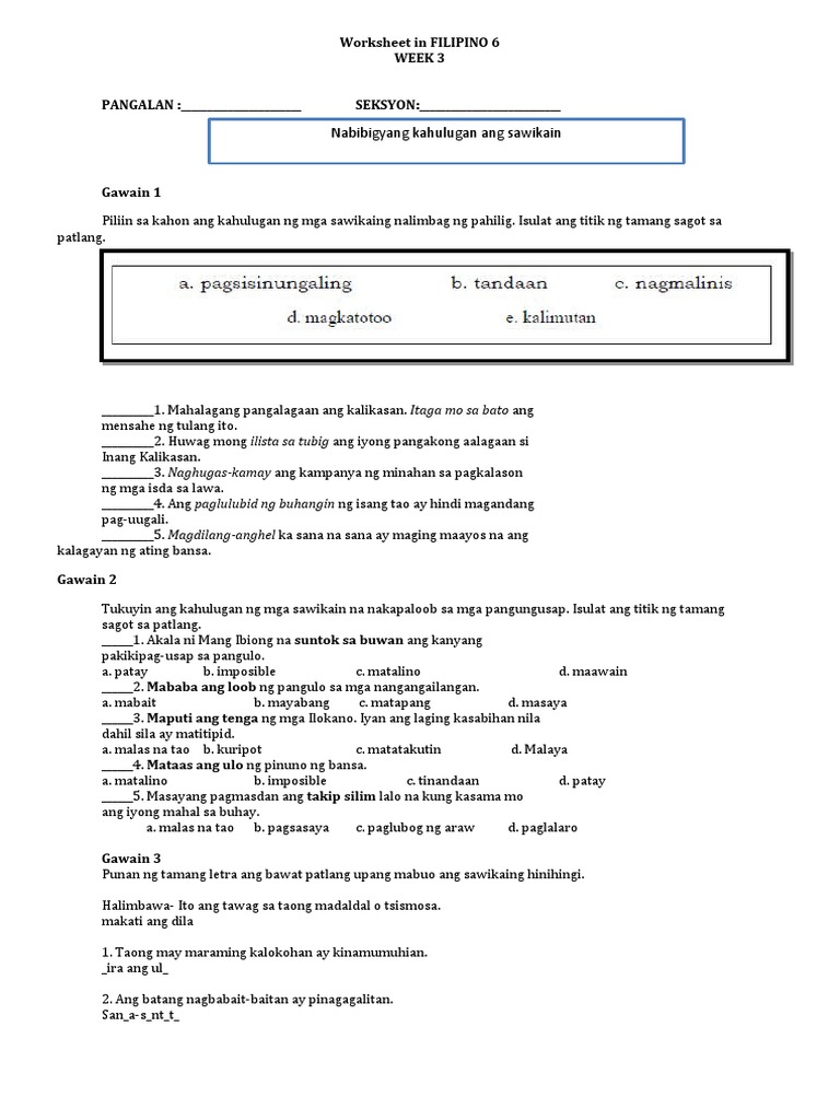 Worksheet in FILIPINO 6 Week3 | PDF