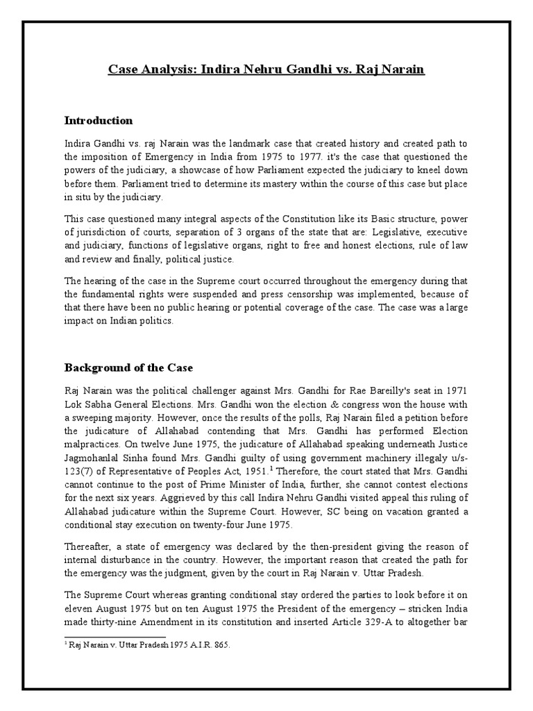Indira Gandhi vs. Raj Narain Case Analysis | PDF | Supreme Court Of ...