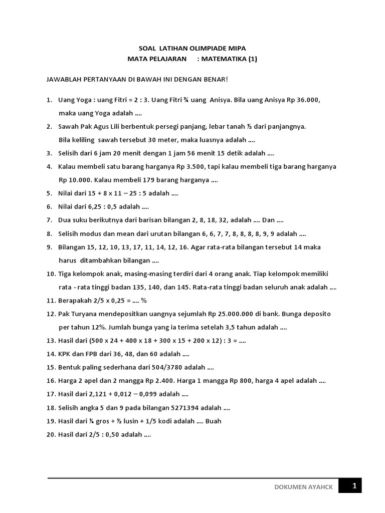 Soal Lat MTK PDF | PDF