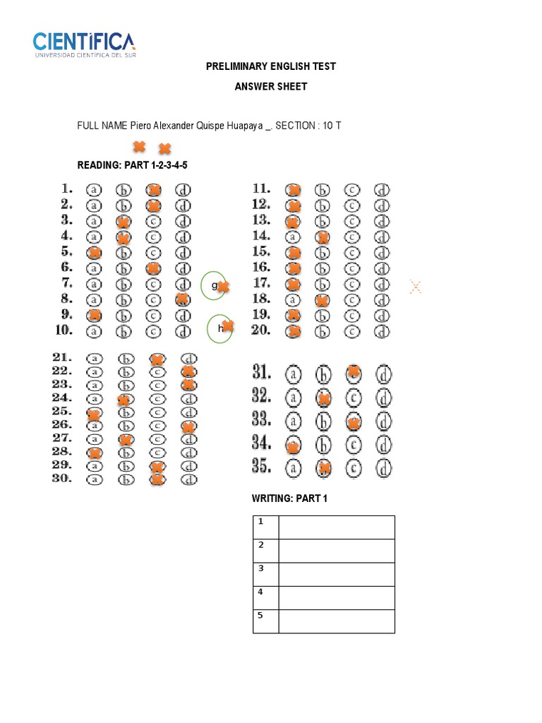 Preliminary English Test Answer Sheet | PDF