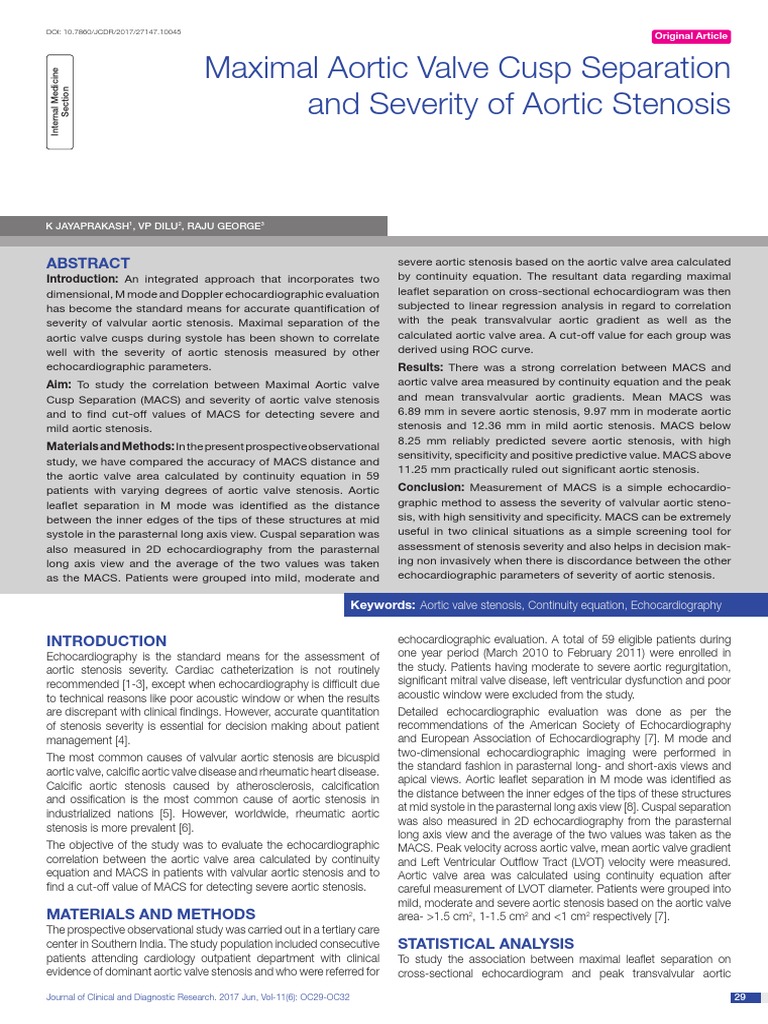 Maximal Aortic Valve Cusp Separation and Severity of Aortic Stenosis ...
