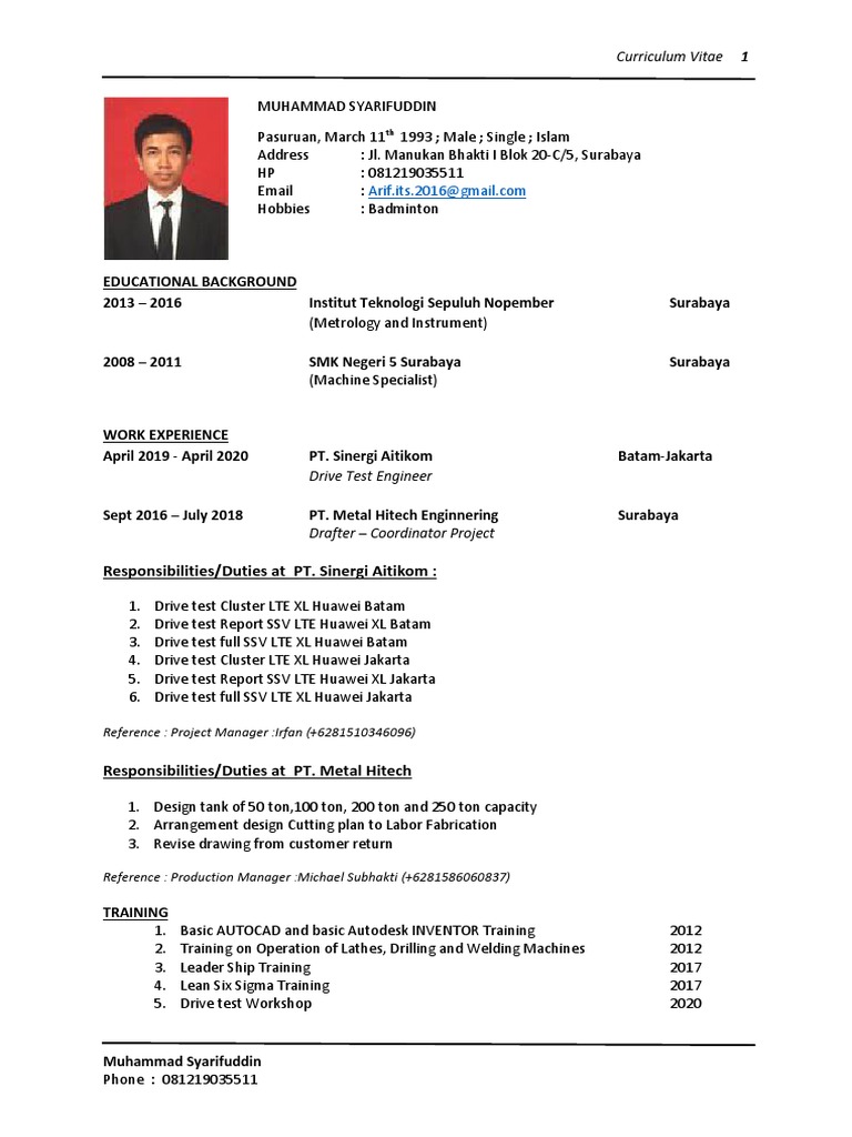 Curriculum Vitae 1: Responsibilities/Duties at PT. Sinergi Aitikom | PDF | Computing And ...