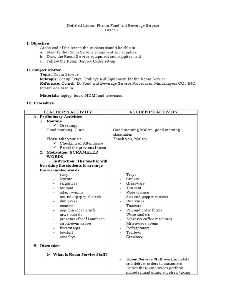 Detailed Lesson Plan in Food and Beverage Service - 2 | PDF | Tableware ...
