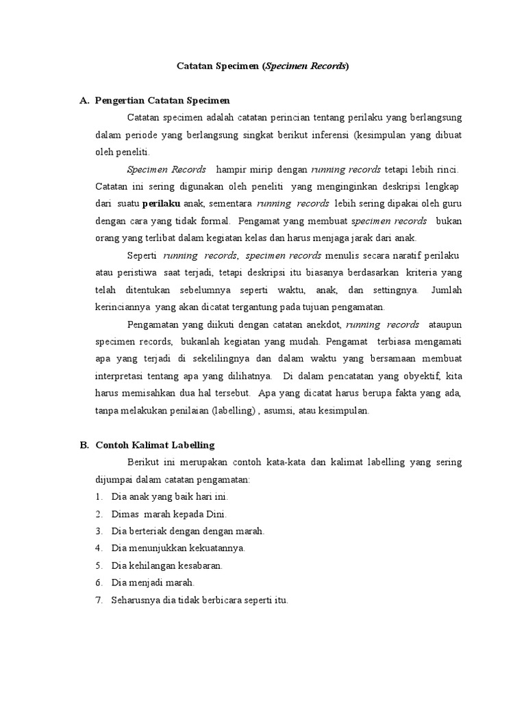 Catatan Specimen Perilaku Anak | PDF