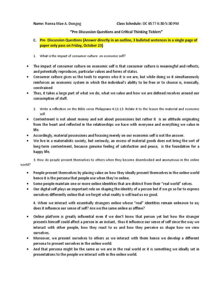 Pre-Discussion Questions and Critical Thinking Ticklers | PDF ...