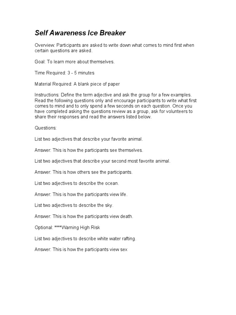 Self Awareness Ice Breaker | PDF