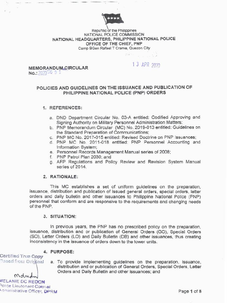 PNP-MC-2020-031 Issuance of PNP Orders | PDF