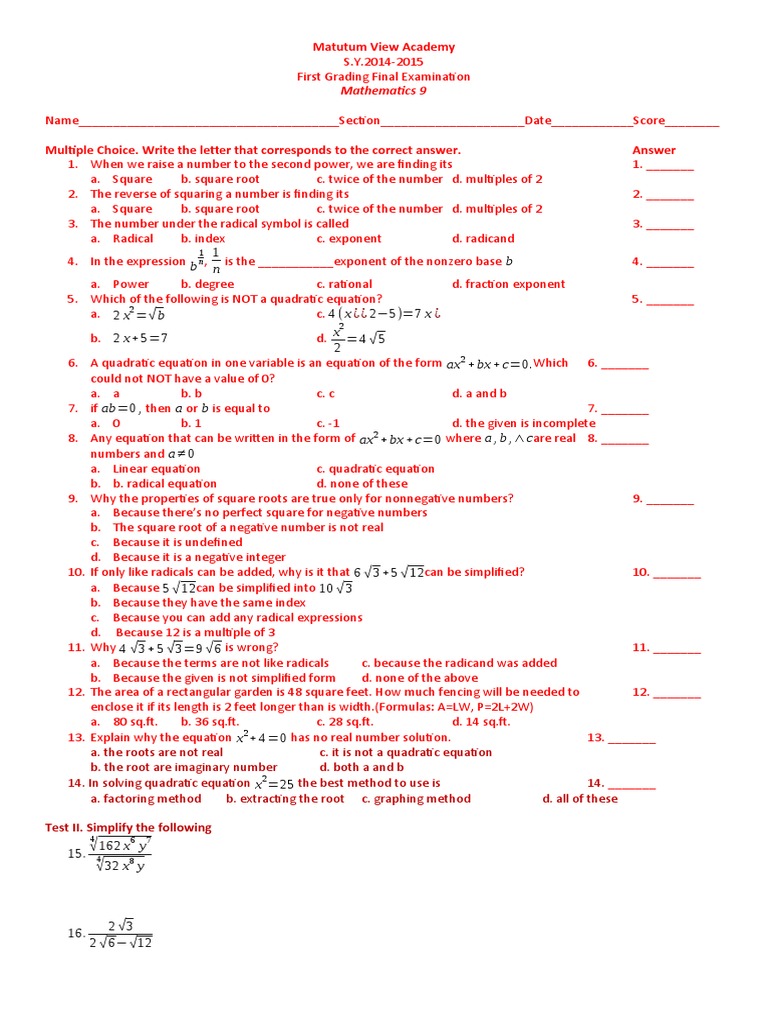Mathematics 9 Final Examination | PDF | Square Root | Equations