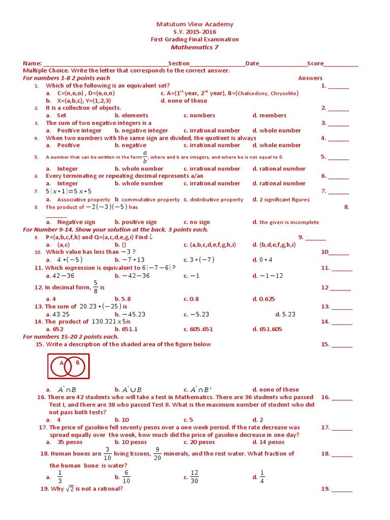 Mathematics 7 Final Exam Review | PDF | Numbers | Integer