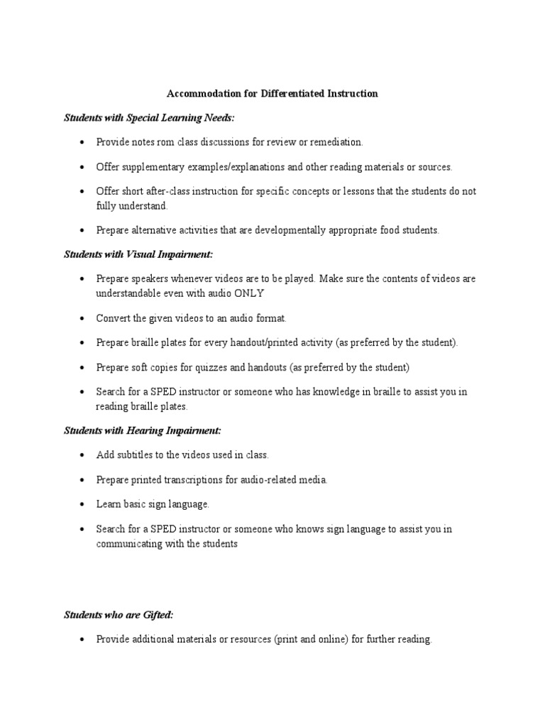 Accommodation For Differentiated Instruction | PDF | Differentiated ...