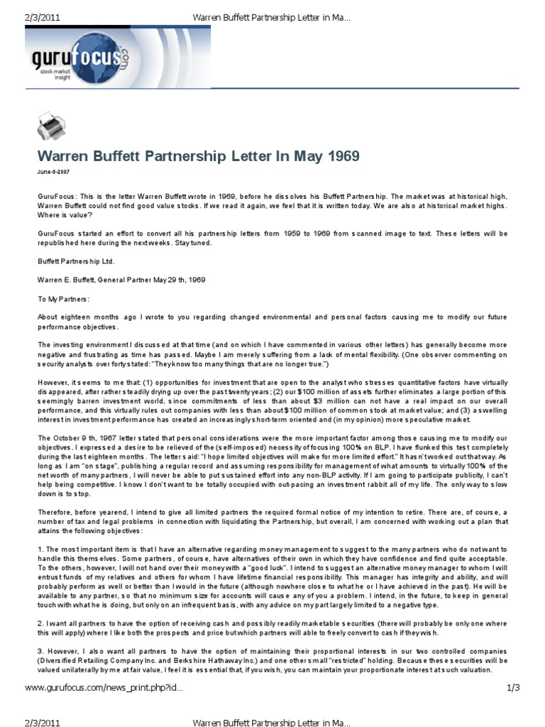 Warren Buffett Partnership Letter in May 1969 - GuruFocus | PDF ...