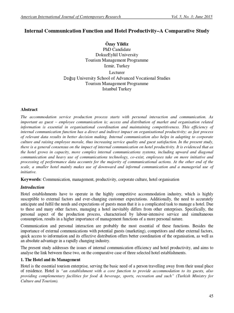Internal Communication Function and Hotel Productivity-A Comparative ...