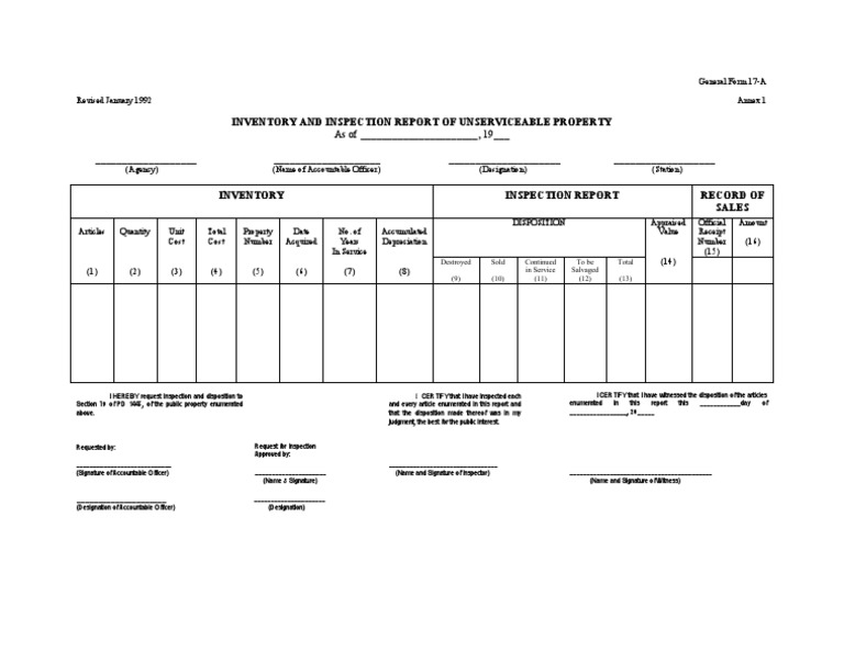 Inventory and Inspection Report of Unserviceable Property | PDF ...
