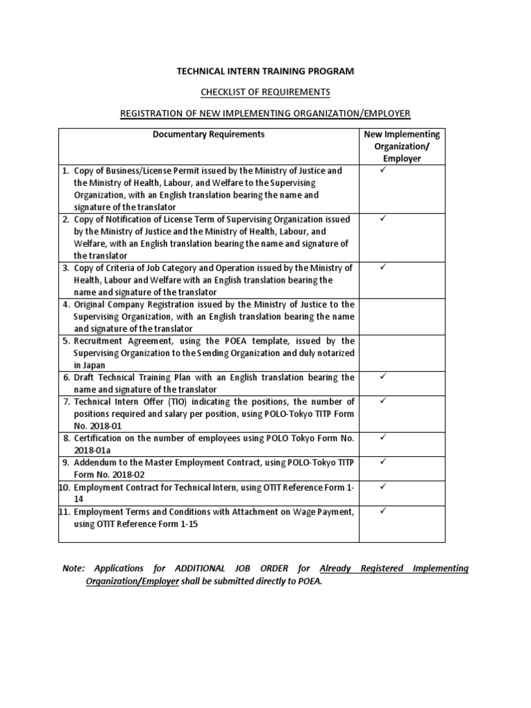 Titp Checklist Registration of New Implementing Organization 1 | PDF