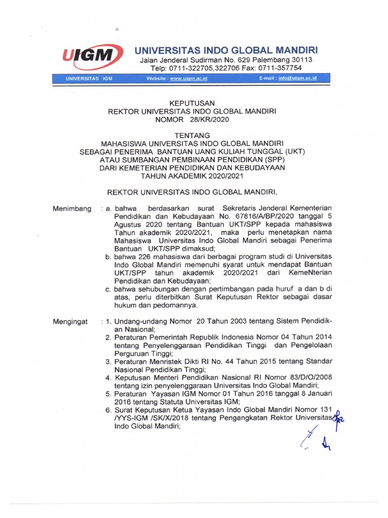 Daftar Mahasiswa Uigm Sebagai Penerima Bantuan Ukt Atau SPP Pengumuman 2020 09 07 | PDF