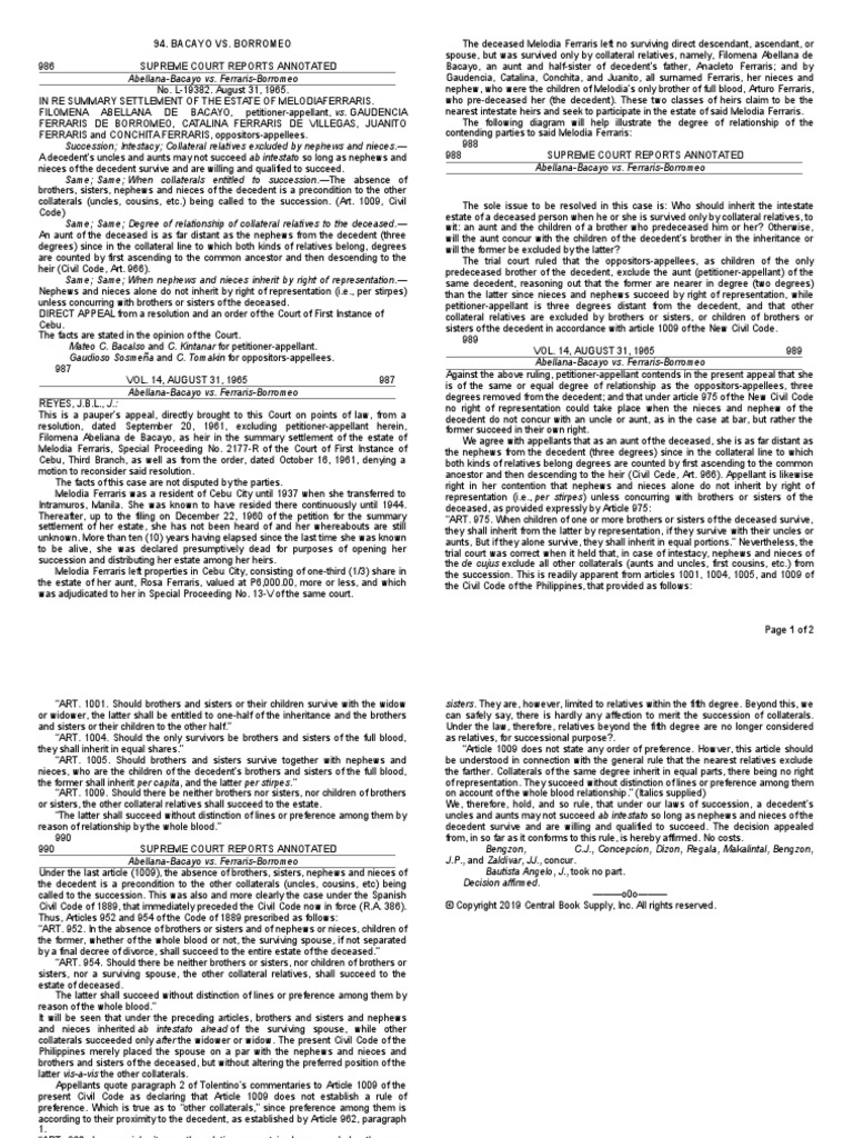 Bacayo vs. Borromeo | PDF | Intestacy | Kinship And Descent