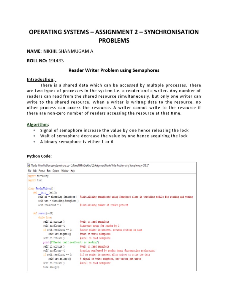 Operating Systems Assignment 2 Synchronisation Problems Pdf Operating System Technology
