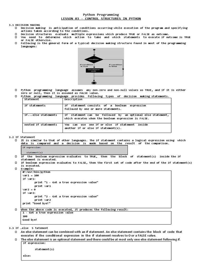 Python Programming Lesson 03 Control Structures In Python 31 Decision Making Pdf Control 