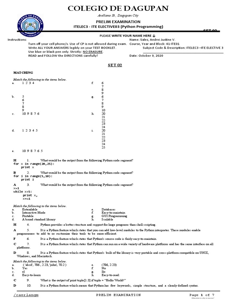 Prelim Examination ITELEC3 - ITE ELECTIVE03 (Python Programming) | PDF | Control Flow | Python ...