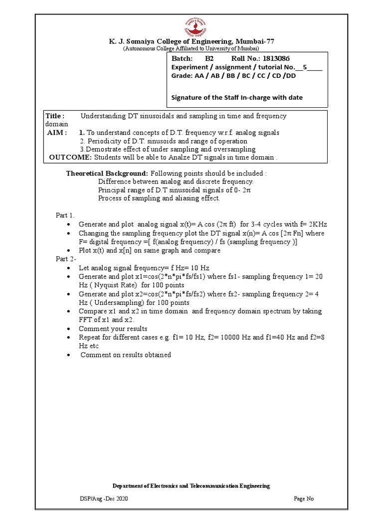 DSP Expt - DT Sinusoidals and Sampling - 2020 | PDF | Sampling (Signal Processing) | Signal ...
