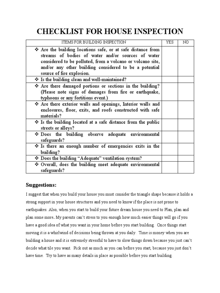 Checklist For House Inspection: Suggestions | PDF | Earthquakes ...