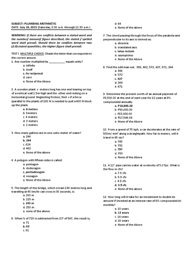 Plumbing Arithmetic: Multiple Choice Test on Technical Plumbing ...