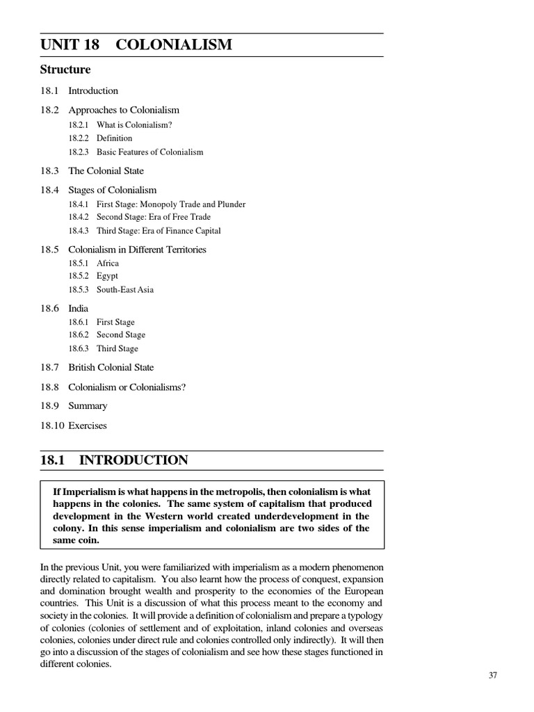 Unit 18 Colonialism: Structure | PDF | Colonialism | Imperialism