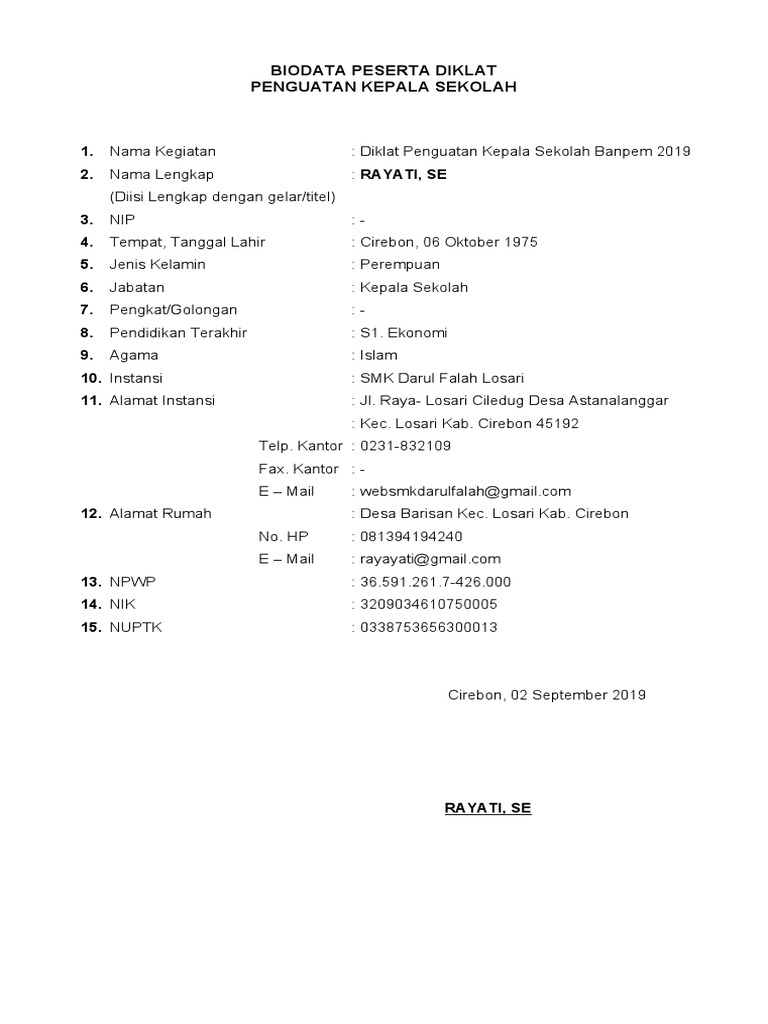 Biodata Peserta Diklat Kepsek | PDF