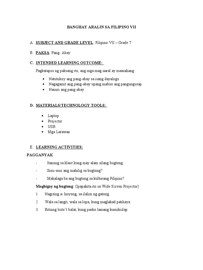 Banghay Aralin Sa Filipino Iv | PDF