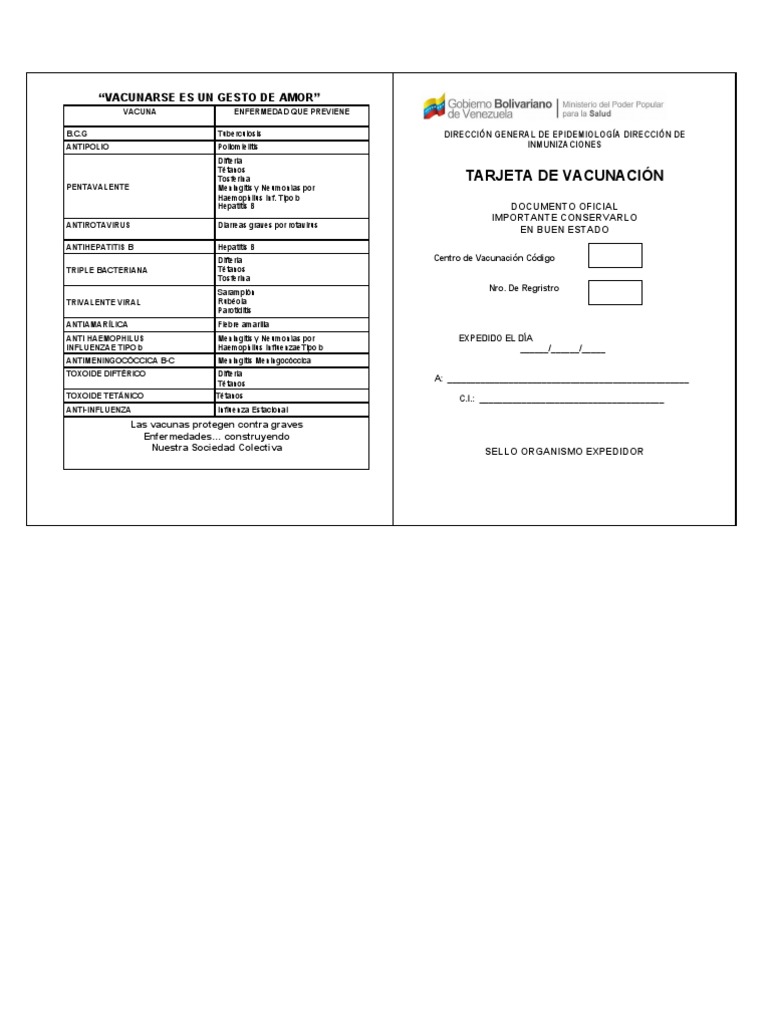 Tarjeta de Vacunacion Venezuela | Descargar gratis PDF | Vacunas ...