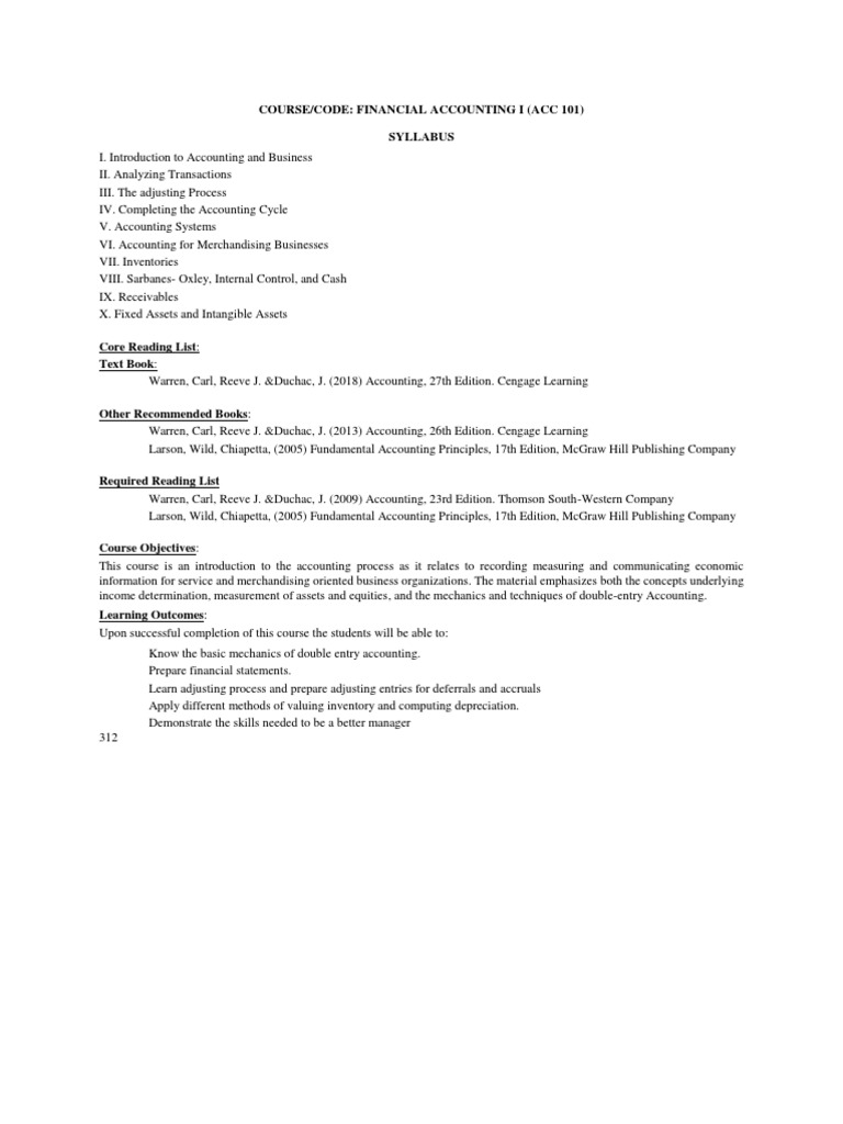 Course/Code: Financial Accounting I (Acc 101) Syllabus | PDF ...