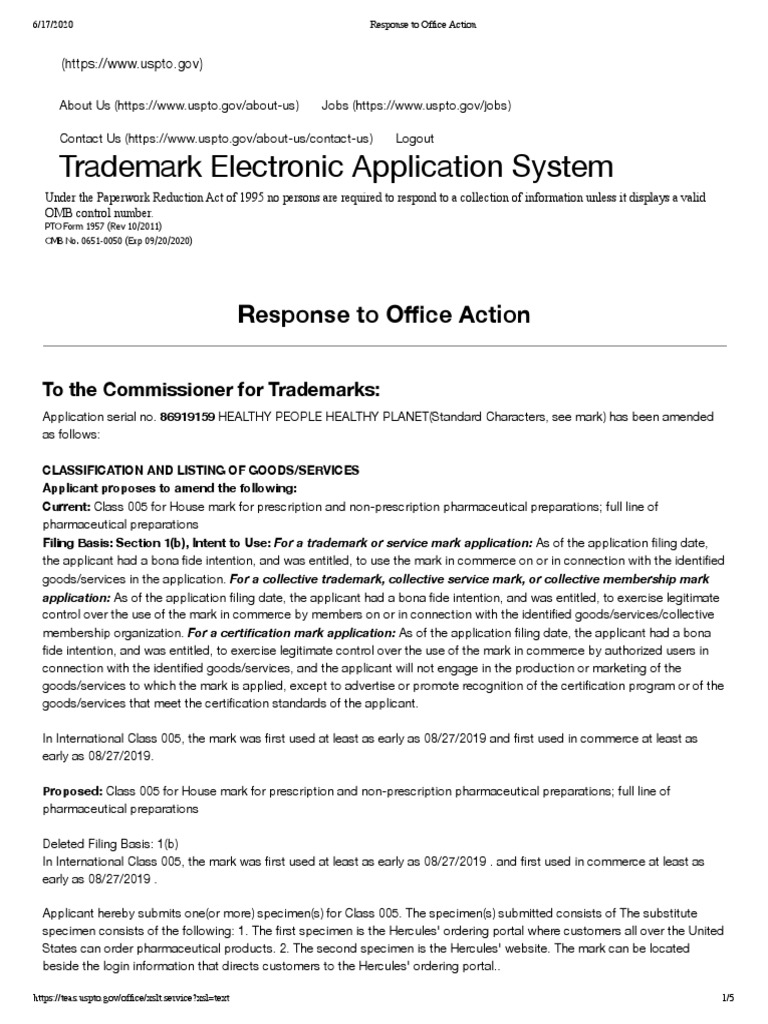 Response To Office Action - HPHP | PDF | Signature | Trademark
