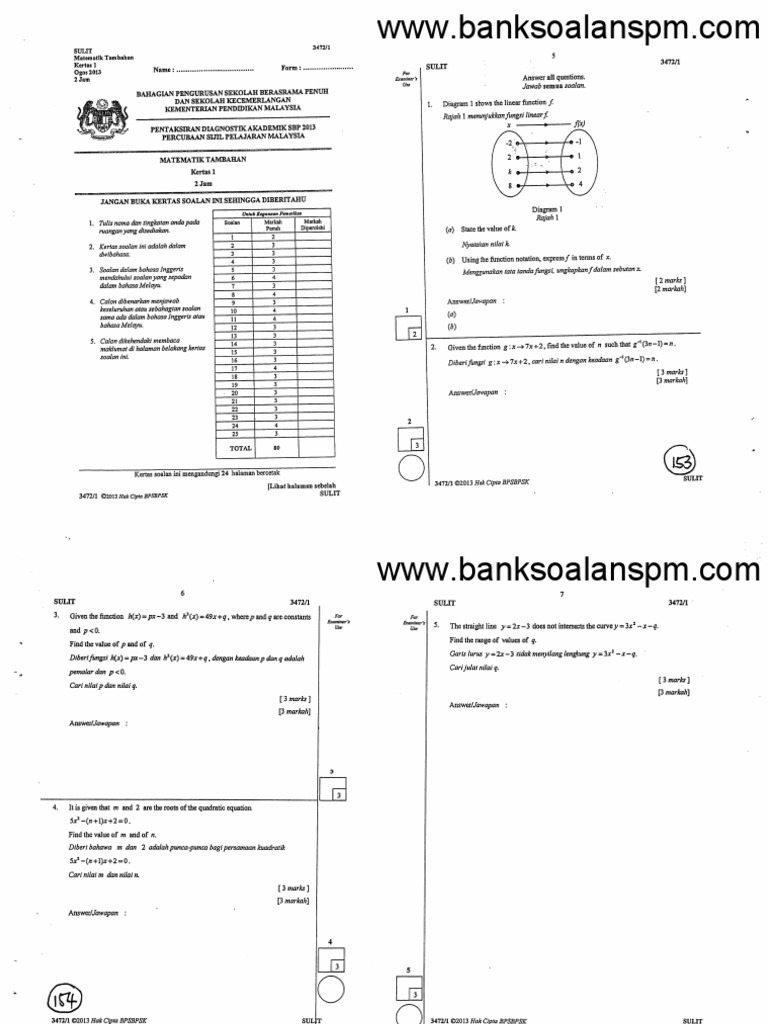 2013 Trial Sbp Additional Mathematics Paper 1 Pdf