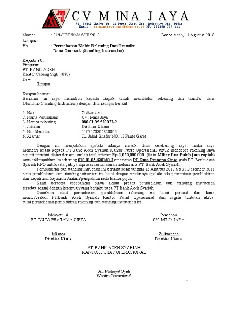 Surat Permohonan Si Cv. Mina Jaya | PDF