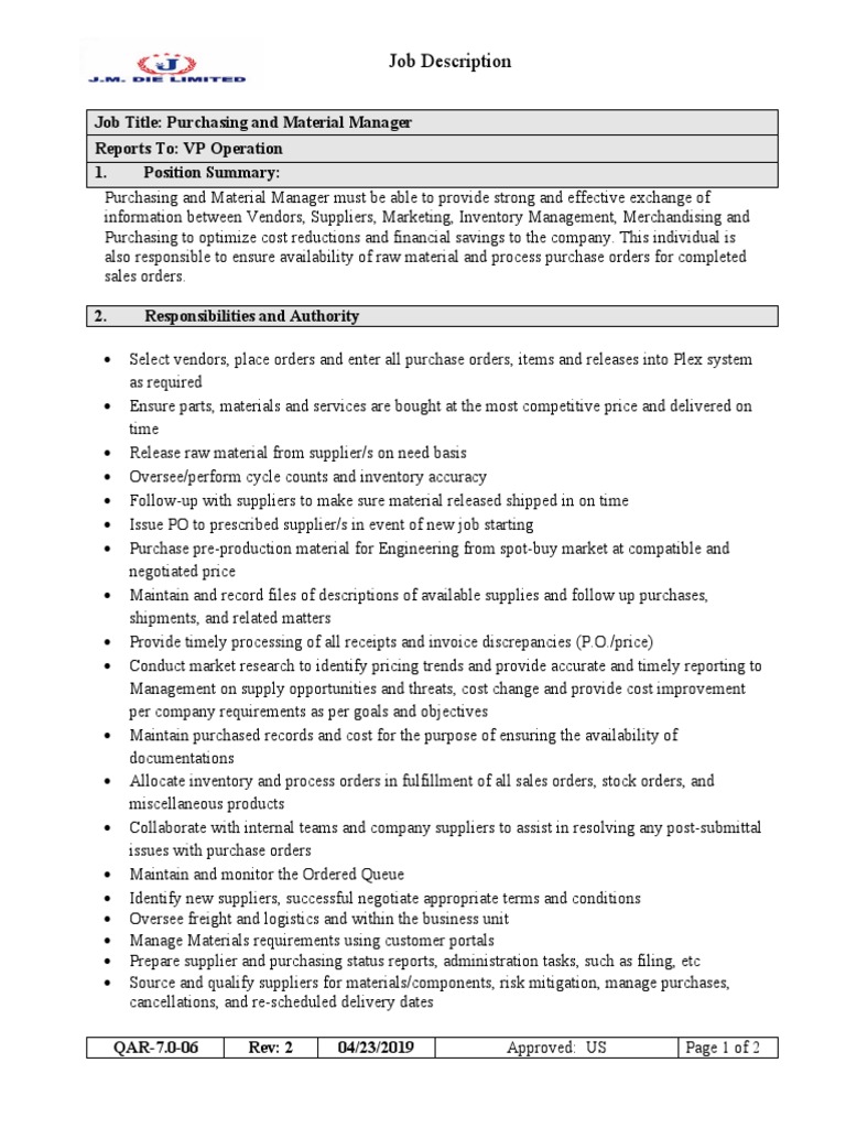 Job Description Purchasing and Material Manager | Download Free PDF ...