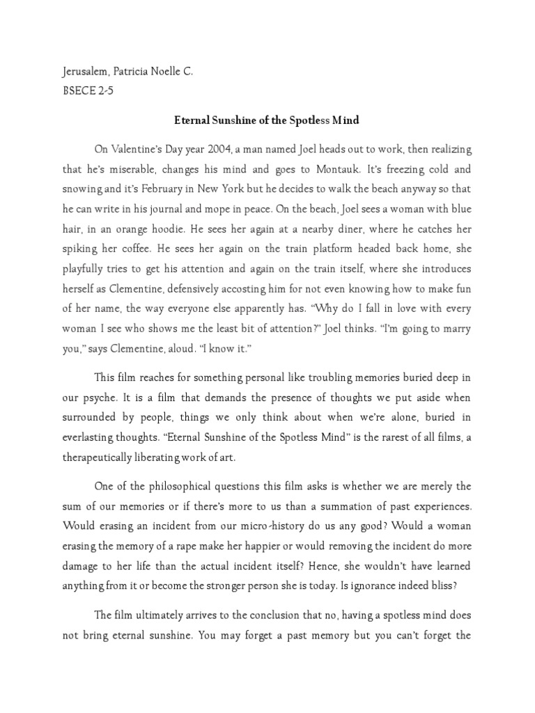 Eternal Sunshine of The Spotless Mind Critique | PDF