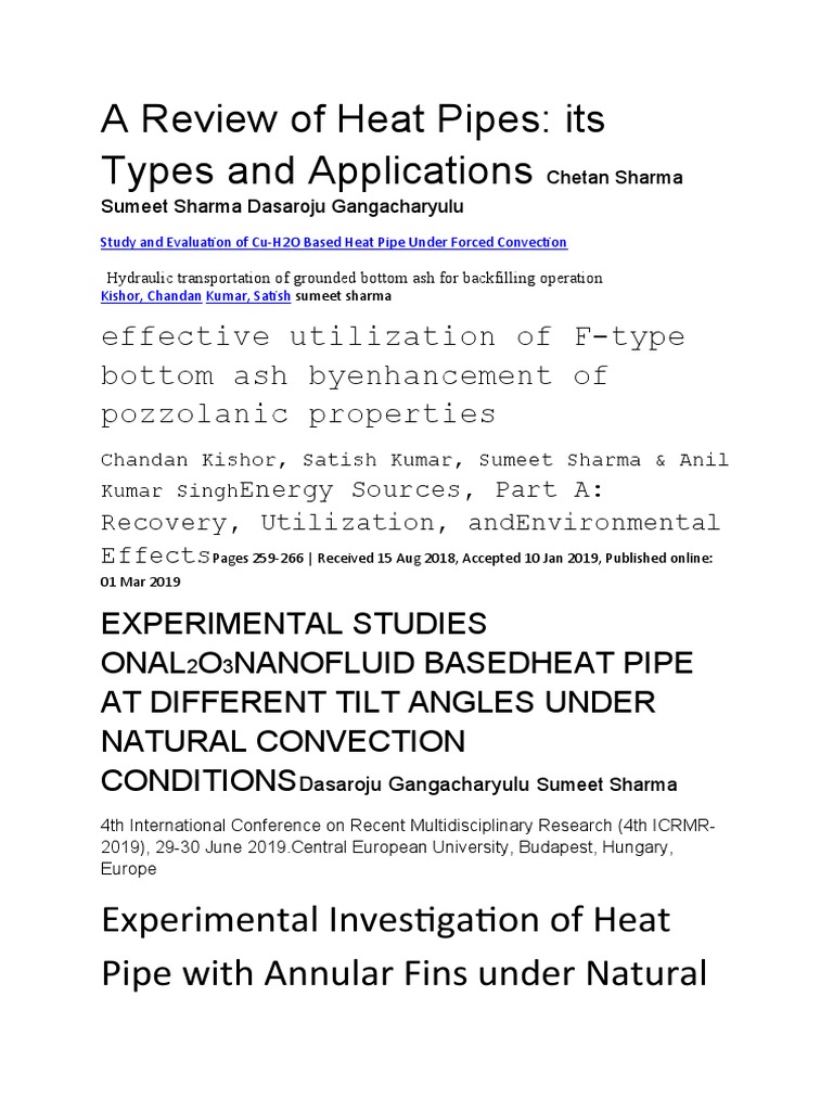 A Review of Heat Pipes: Its Types and Applications | PDF