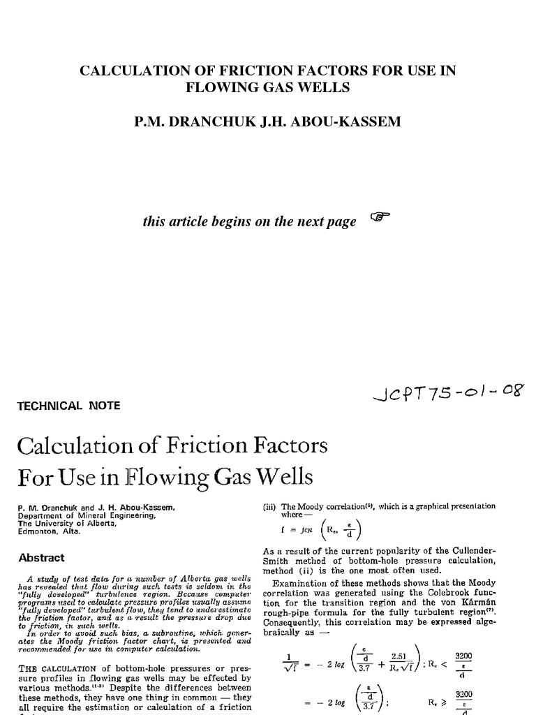 Calculation of Friction Factors For Use in Flowing Gas Wells P.M ...