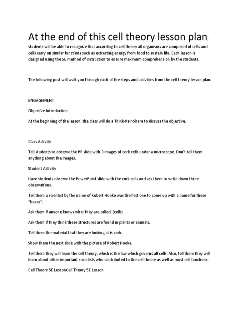 At The End of This Cell Theory Lesson Plan | PDF | Lesson Plan | Theory