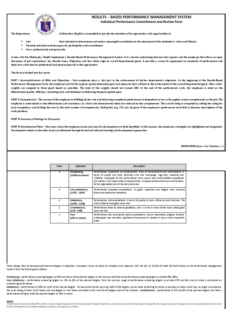 Results Based Performance Management System Individual Performance Commitment And Review Form