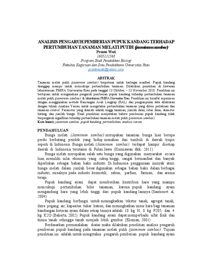 ANALISIS PENGARUH PEMBERIAN PUPUK KANDANG TERHADAP PERTUMBUHAN TANAMAN MELATI PUTIH (Jasminum ...