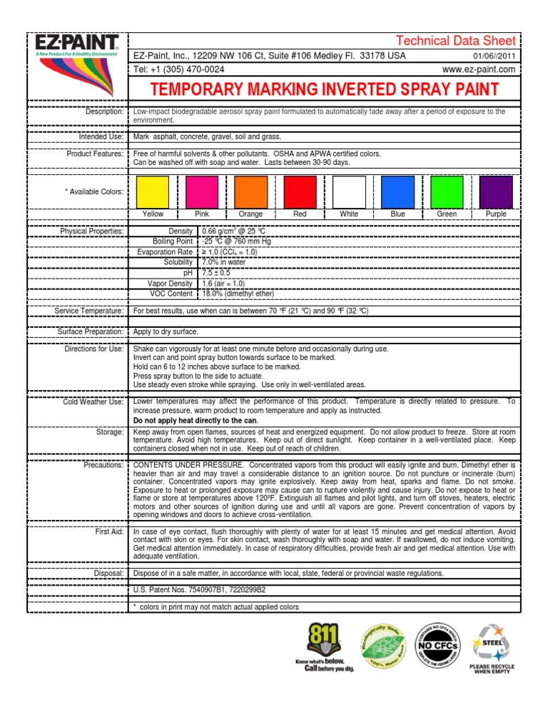 Temporary Marking Inverted Spray Paint: Technical Data Sheet | PDF ...