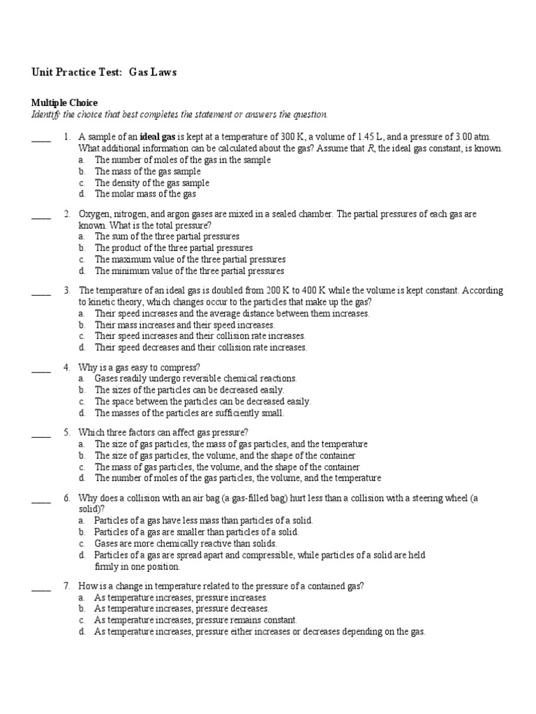 Unit Practice Test: Gas Laws: Multiple Choice | PDF | Gases | Pressure